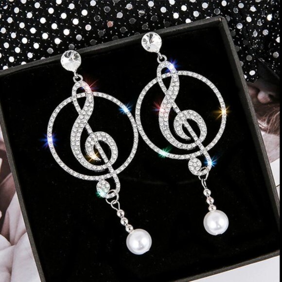 Jewelry | Large Pearl Treble Clef Music Note Drop Silver Earrings Music ...